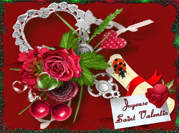 Joyeuse Saint Valentin/ carte, roses, coccinelle coeurs.